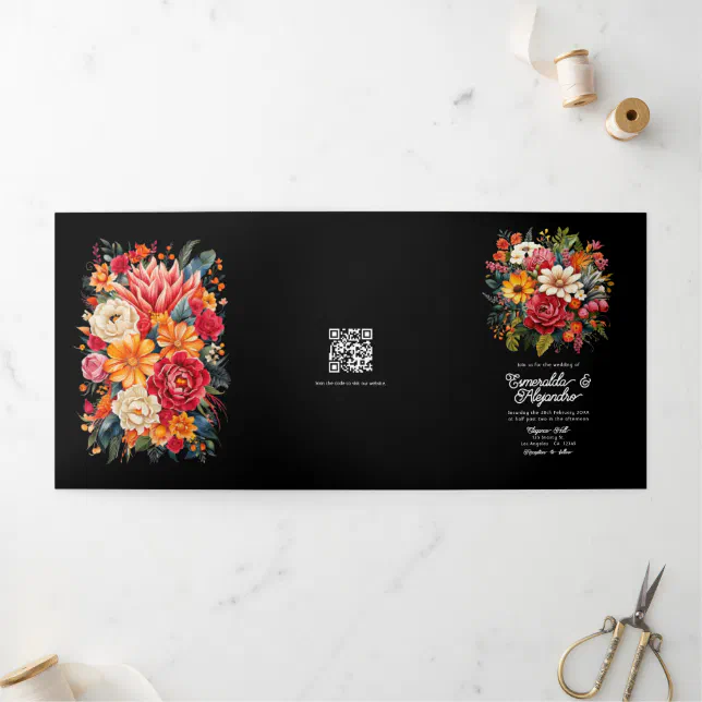 Fiesta Wedding Guest Details, Photo & QR Code Tri-Fold Invitation | Zazzle