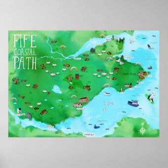 Fife Coastal Path Illustrated Map Watercolor Art Poster | Zazzle