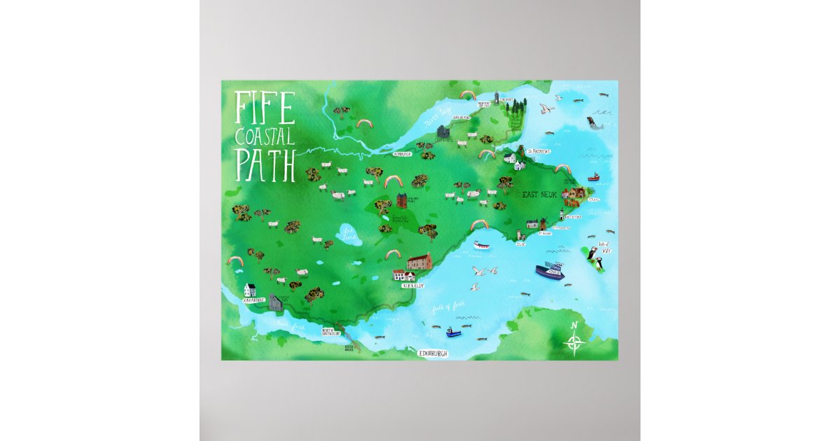 Fife Coastal Path Illustrated Map Watercolor Art Poster | Zazzle
