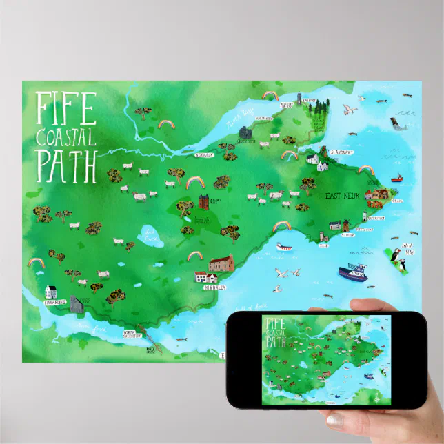 Fife Coastal Path Illustrated Map Watercolor Art Poster | Zazzle