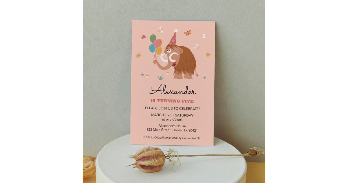 Fifth 5 Birthday Hat Cartoon Cute Mammoth Balloons Invitation | Zazzle