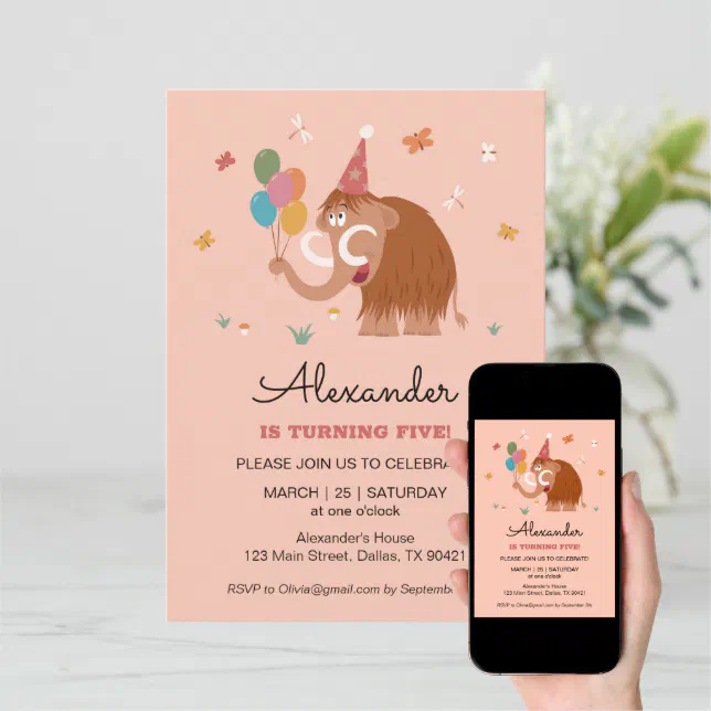 Fifth 5 Birthday Hat Cartoon Cute Mammoth Balloons Invitation | Zazzle