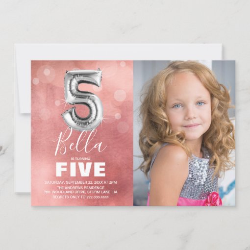 Fifth Birthday Silver Balloon | Pink Photo Party Invitation | Zazzle