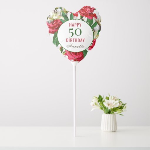 Fiftieth 50th Floral Flowers Happy Birthday Custom Balloon | Zazzle