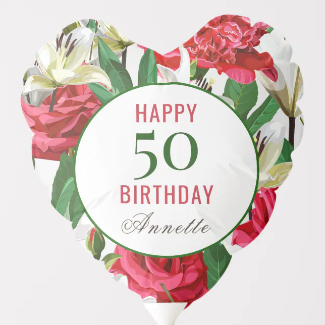 Fiftieth 50th Floral Flowers Happy Birthday Custom Balloon | Zazzle