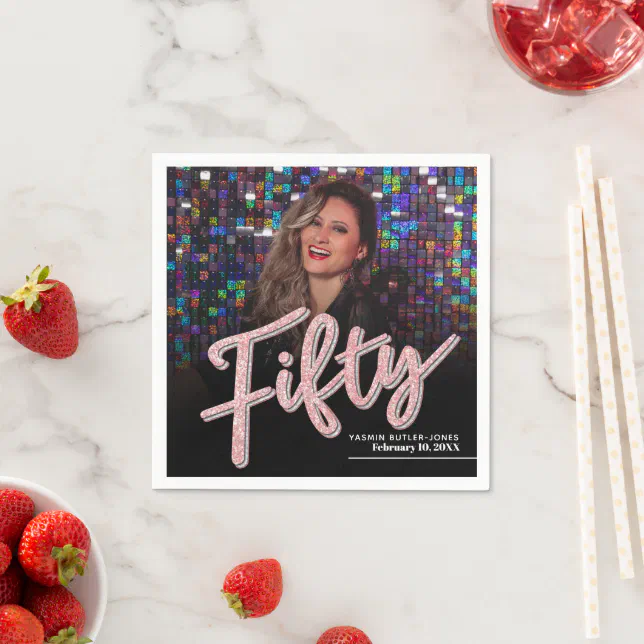 Fifty 50th Birthday custom photo script pink Napkins | Zazzle