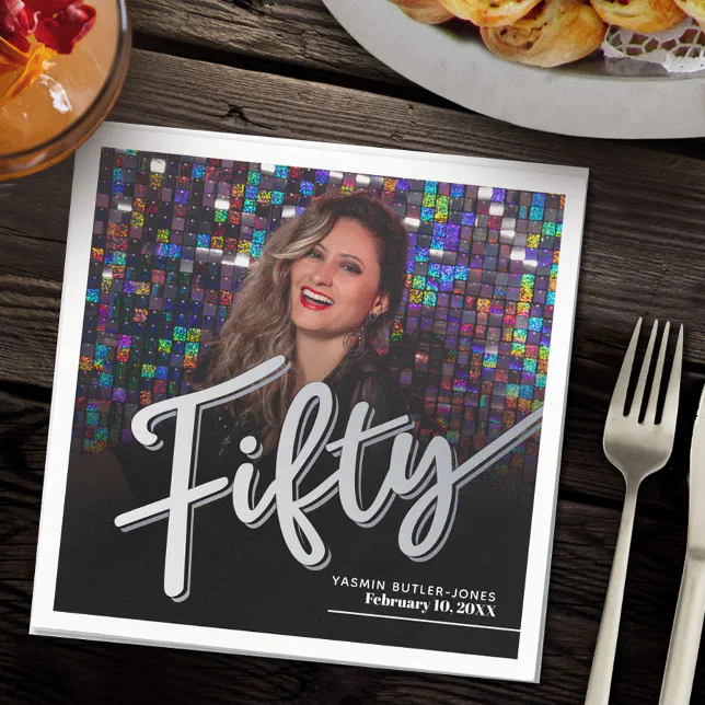 Fifty 50th Birthday custom photo script silver Napkins | Zazzle
