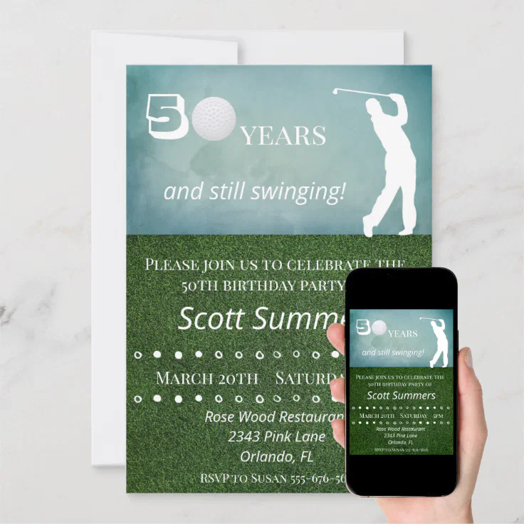 Fifty 50th Birthday Golf Golfer Customize Invitation | Zazzle