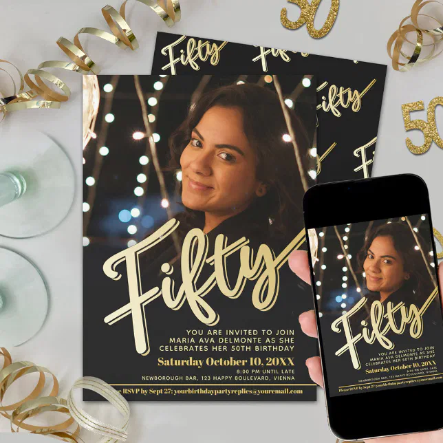 Fifty 50th Birthday photo script flat gold color Invitation | Zazzle