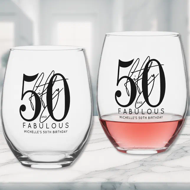 Fifty 50th Birthday Stemless Wine Glass | Zazzle