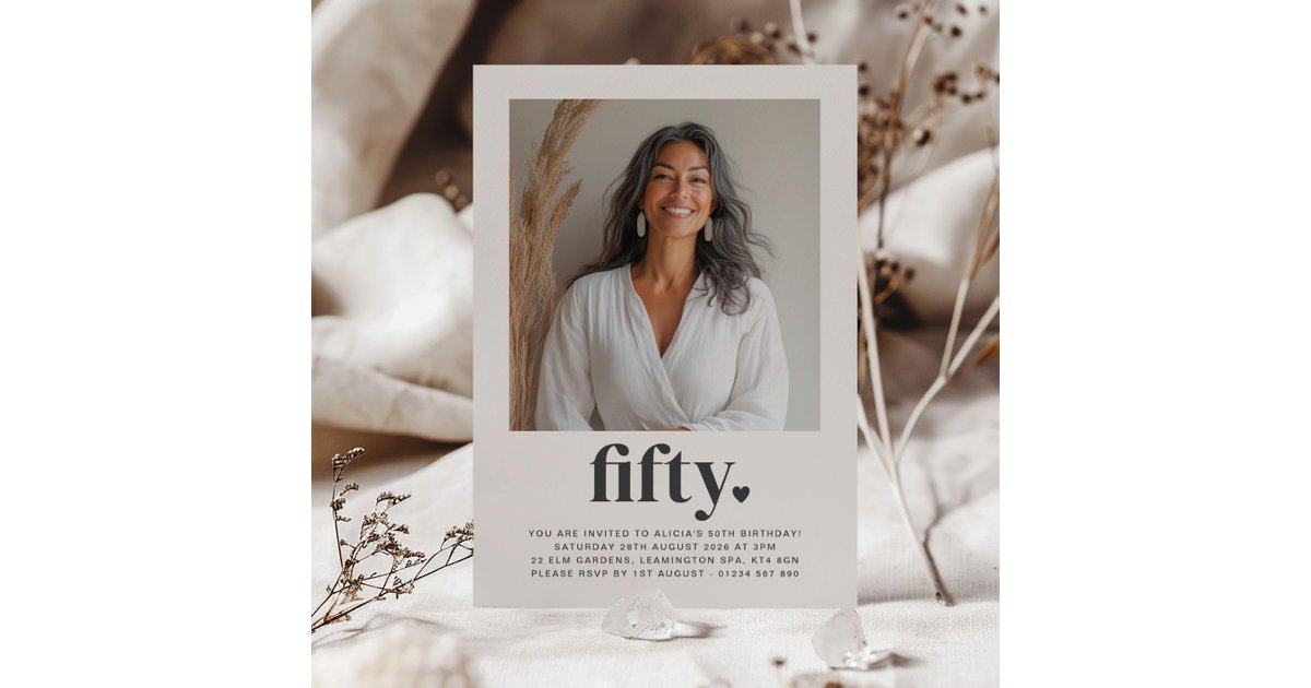 Fifty 50th Heart Square Photo Birthday Invitation | Zazzle