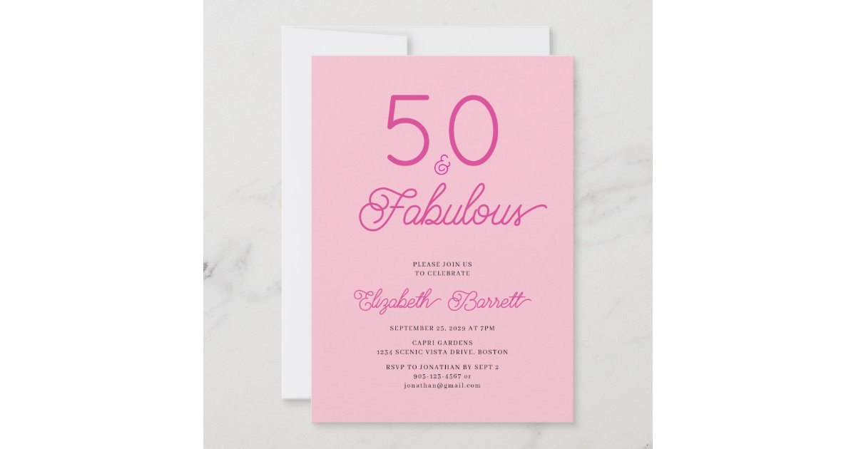 Fifty and Fabulous Script Pink 50th Birthday Party Invitation | Zazzle
