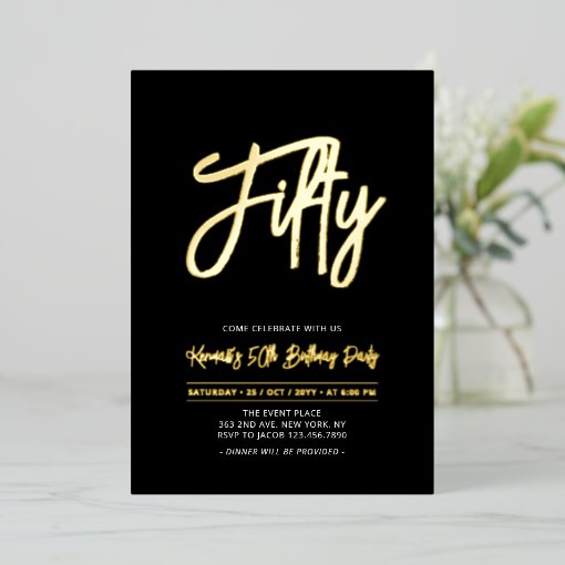 Fifty | Black Chic Script 50th Birthday Party Foil Invitation | Zazzle