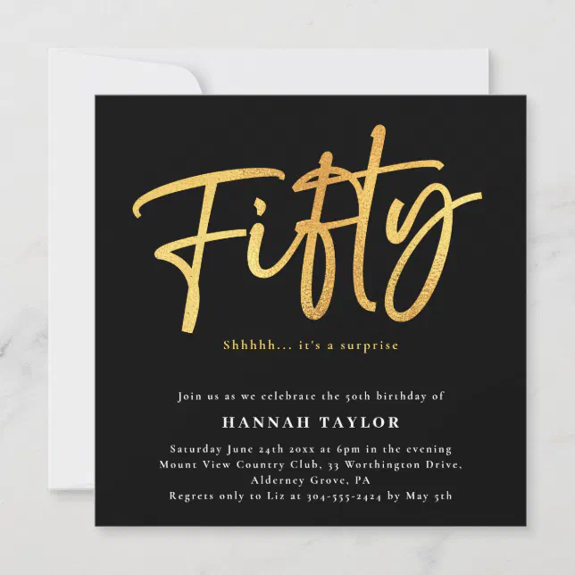 Fifty Classic Chic Black Gold 50th Birthday Invitation | Zazzle