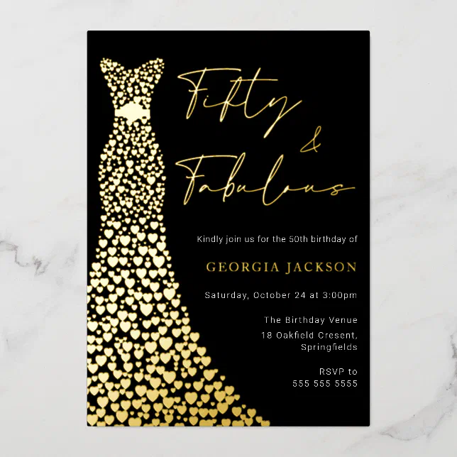 Fifty & Fab Dress 50th Birthday Black Real Gold Foil Invitation | Zazzle