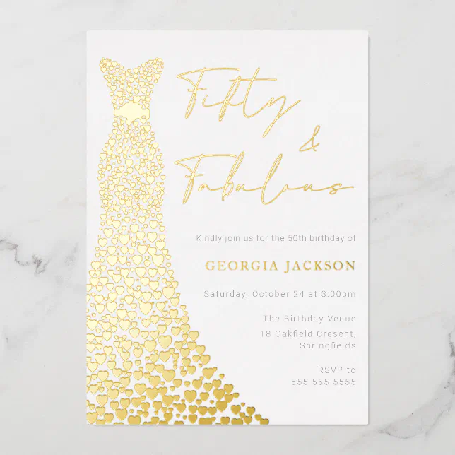 Fifty & Fabulous Dress 50th Birthday Real Gold Foil Invitation | Zazzle
