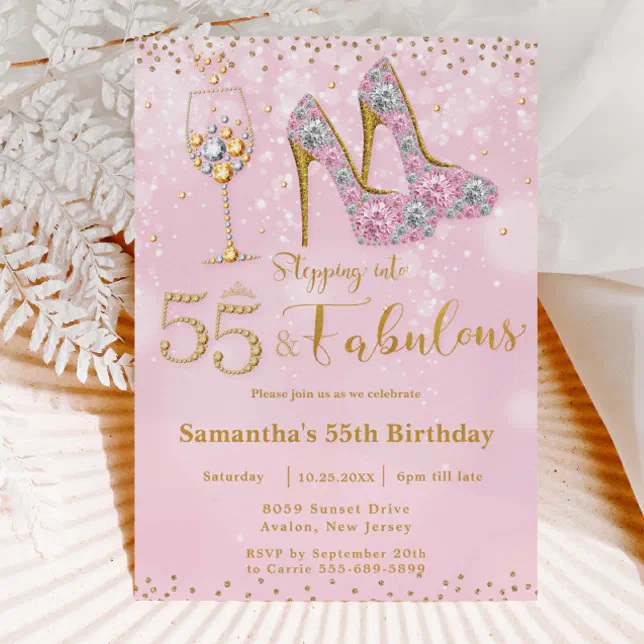 Fifty Five Fabulous High Heels Bubbly 55 Birthday Invitation | Zazzle