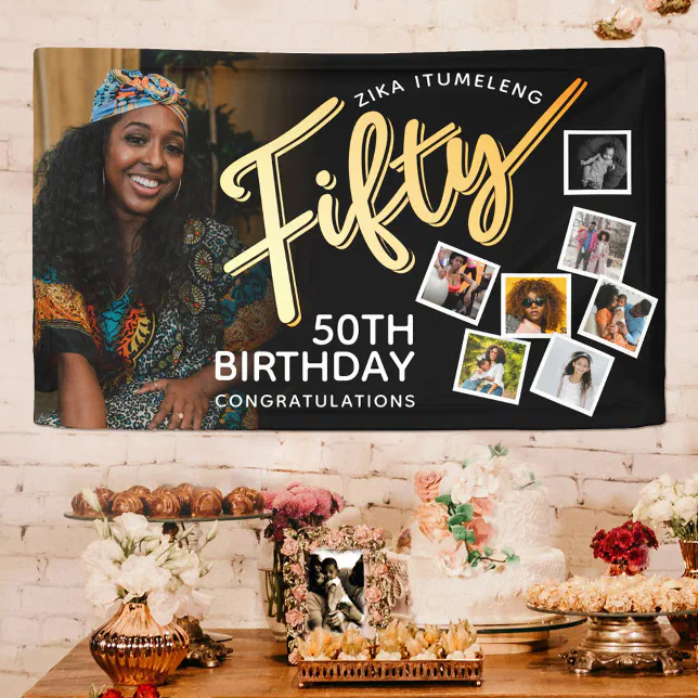Fifty gold 50th Birthday photos on black Banner | Zazzle