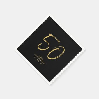 Fifty | Gold & Black Lettering 50th Birthday Party Napkins | Zazzle