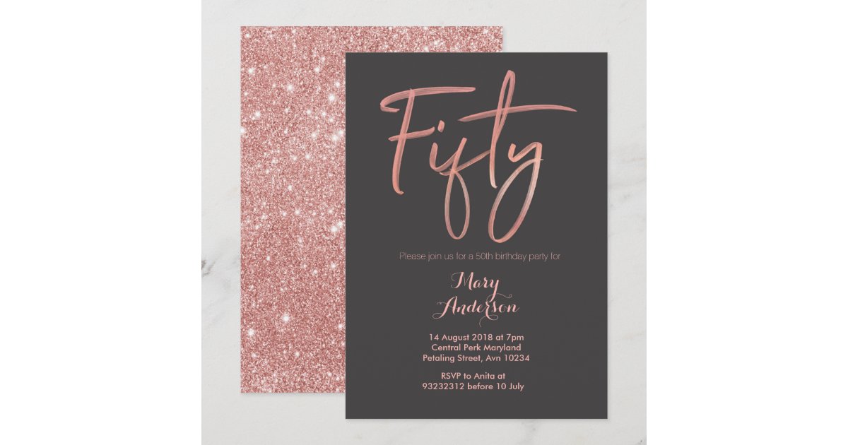 Fifty Rose Gold 50th Birthday Invitation | Zazzle