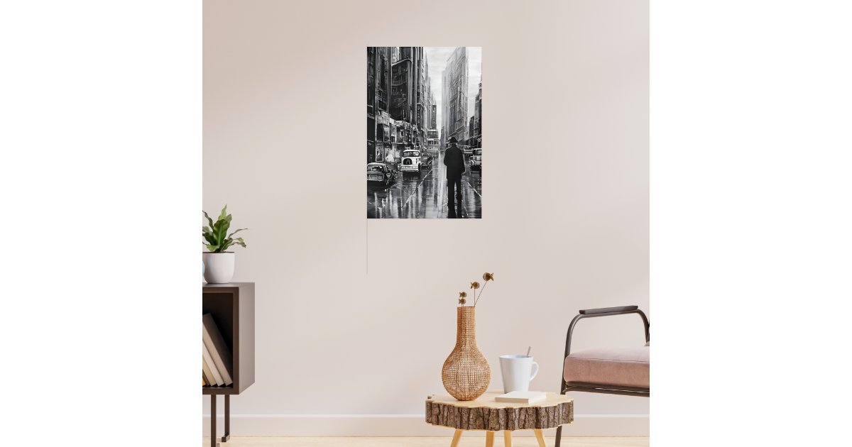 Figure in the rain black and white - art poster | Zazzle