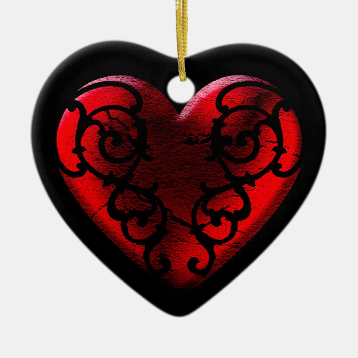 Filigree Goth Red Heart Ceramic Ornament | Zazzle