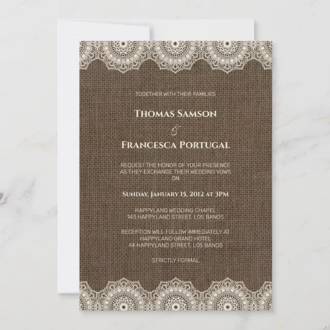 Filipiniana Lace on Burlap Wedding Invitation | Zazzle