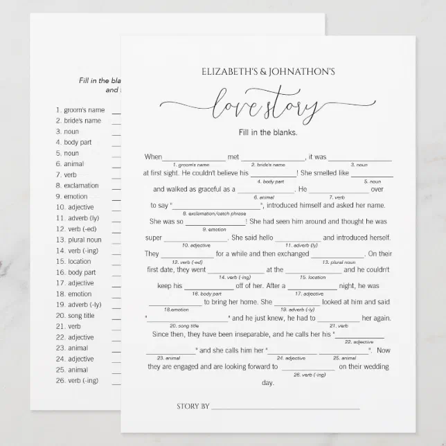 Fill in the Blanks Love Story Bridal Shower Game Invitation | Zazzle