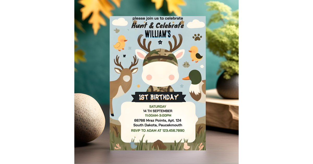 filled Wild Camo Oh Deer Duck hunting 1st birthday Invitation | Zazzle