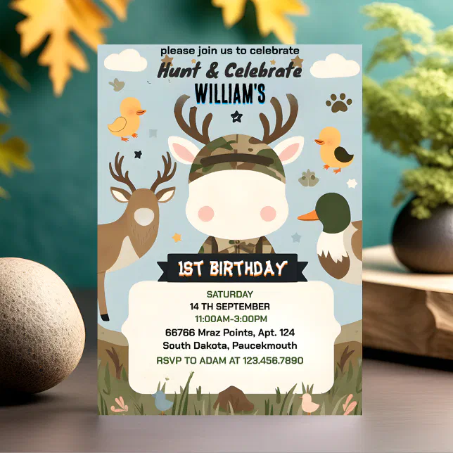 filled Wild Camo Oh Deer Duck hunting 1st birthday Invitation | Zazzle