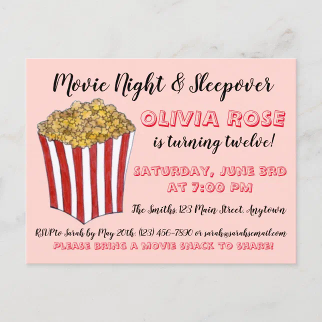 Film Movie Night Sleepover Popcorn Birthday Party Invitation Postcard ...