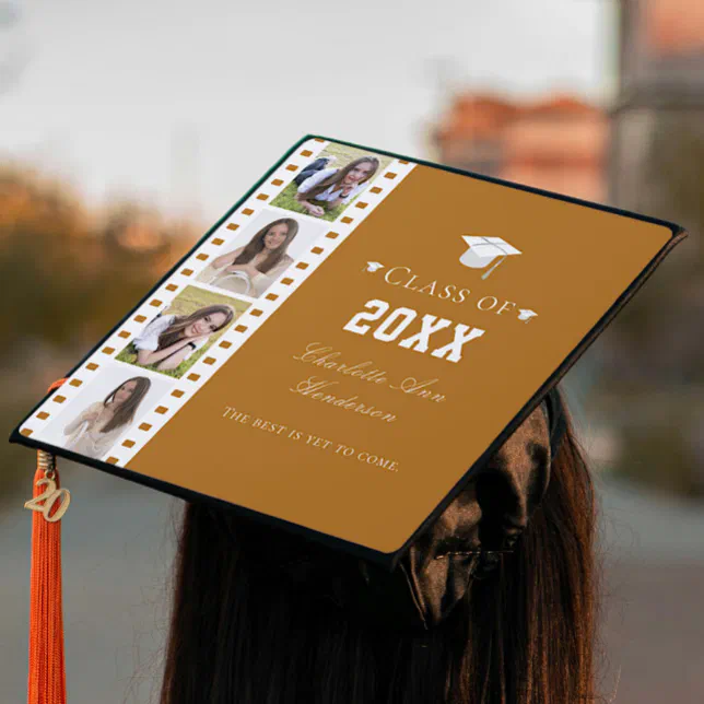 Filmstrip Four Photo Collage | Orange Graduation Cap Topper | Zazzle