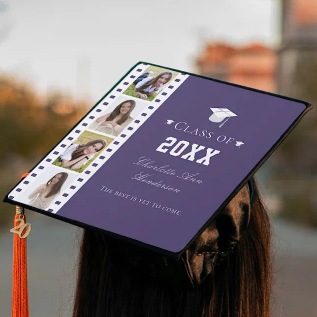 Filmstrip Four Photo Collage | Purple Graduation Cap Topper | Zazzle