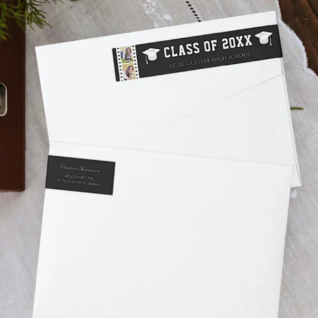 Filmstrip Photo Collage Graduation Address Black Wrap Around Label | Zazzle