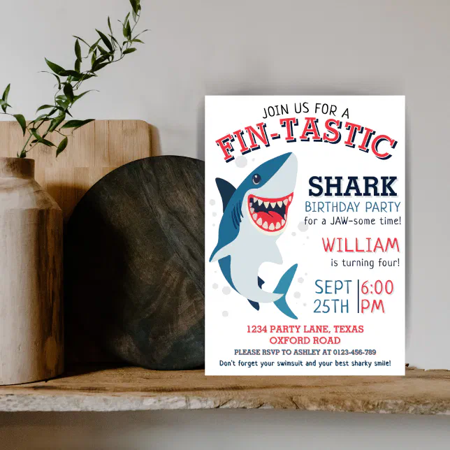 Fin-tastic Smiling Shark Kids Birthday Invitation | Zazzle