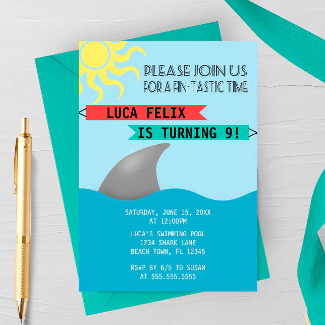 Fin-tastic Time Shark Themed Birthday Invitation | Zazzle