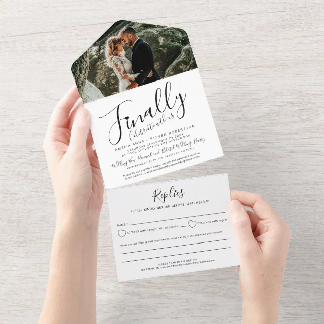 Finally celebrate photo mono belated wedding all in one invitation | Zazzle