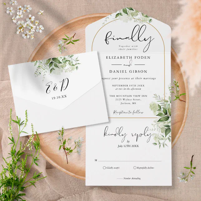 Finally Gold Arch Botanical Greenery Wedding All In One Invitation | Zazzle