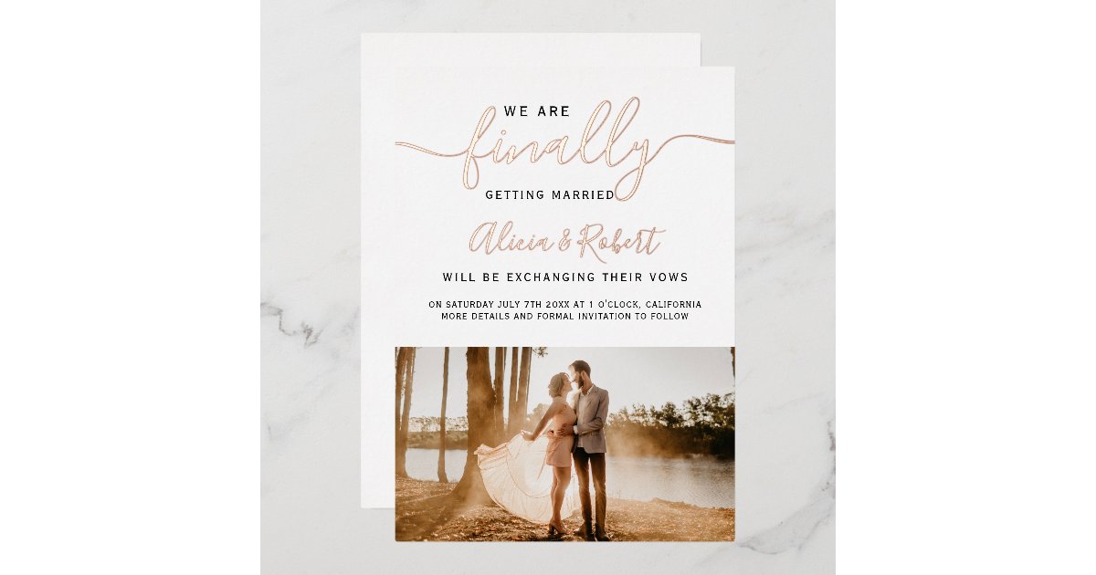 Finally save the date script photo rose gold foil invitation | Zazzle