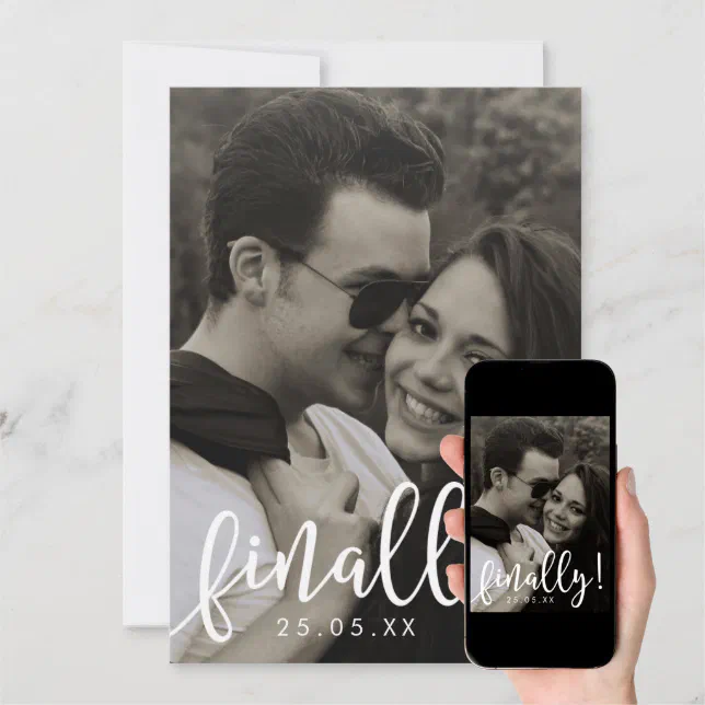 Finally Script Font Overlay Save the Date Card | Zazzle