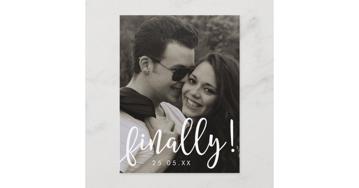 Finally Script Font Overlay Save the Date Postcard | Zazzle