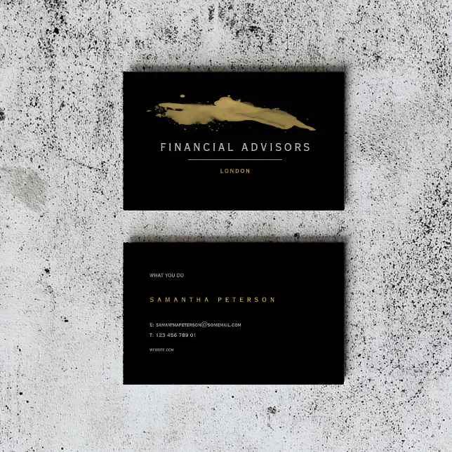 Financial advisor, gold paint splash business card | Zazzle