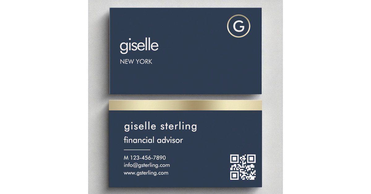 Financial Advisor Navy Blue QR Code Gold Monogram Business Card | Zazzle