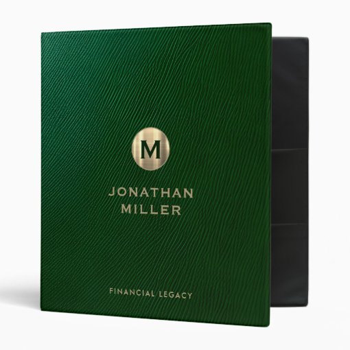 Financial Legacy Green Leather Gold Monogram 3 Ring Binder | Zazzle