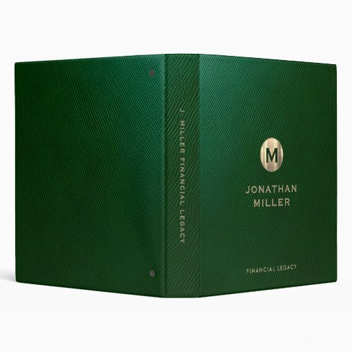 Financial Legacy Green Leather Gold Monogram 3 Ring Binder | Zazzle