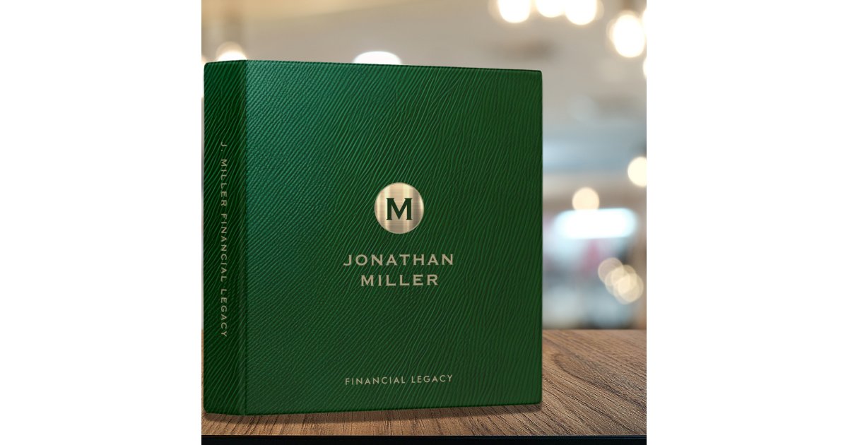 Financial Legacy Green Leather Gold Monogram 3 Ring Binder | Zazzle