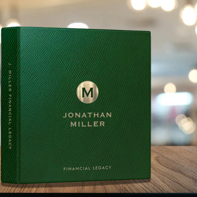 Financial Legacy Green Leather Gold Monogram 3 Ring Binder | Zazzle