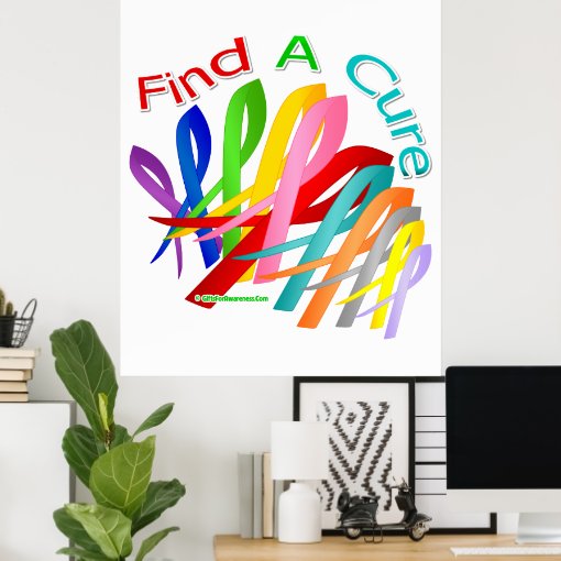 Find A Cure Colorful Cancer Ribbons Poster | Zazzle