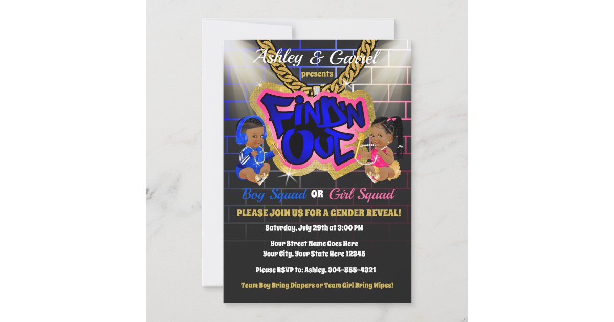Find 'N Out Invitation! Gender Reveal! Hip Hop! Invitation | Zazzle