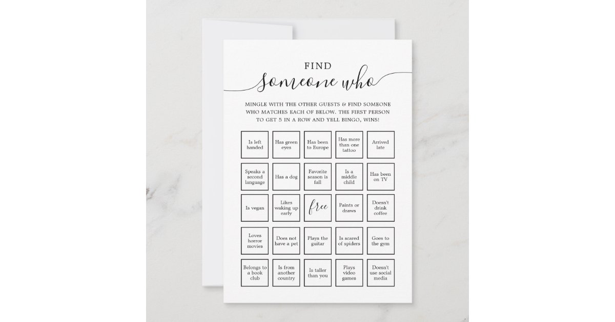 Find Someone Who Guests Bingo game Card | Zazzle